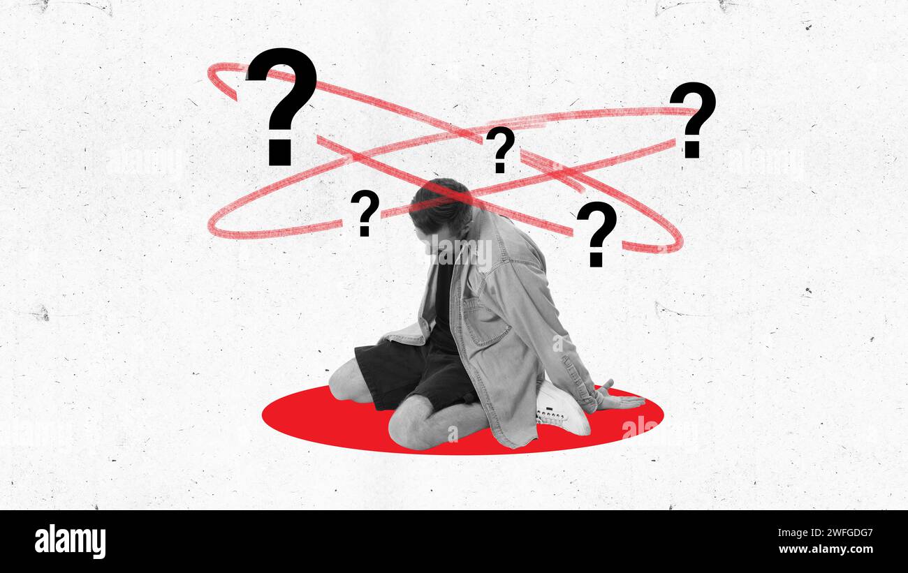 Modern aesthetic artwork. upset and exhausted man sits on red dot with ...