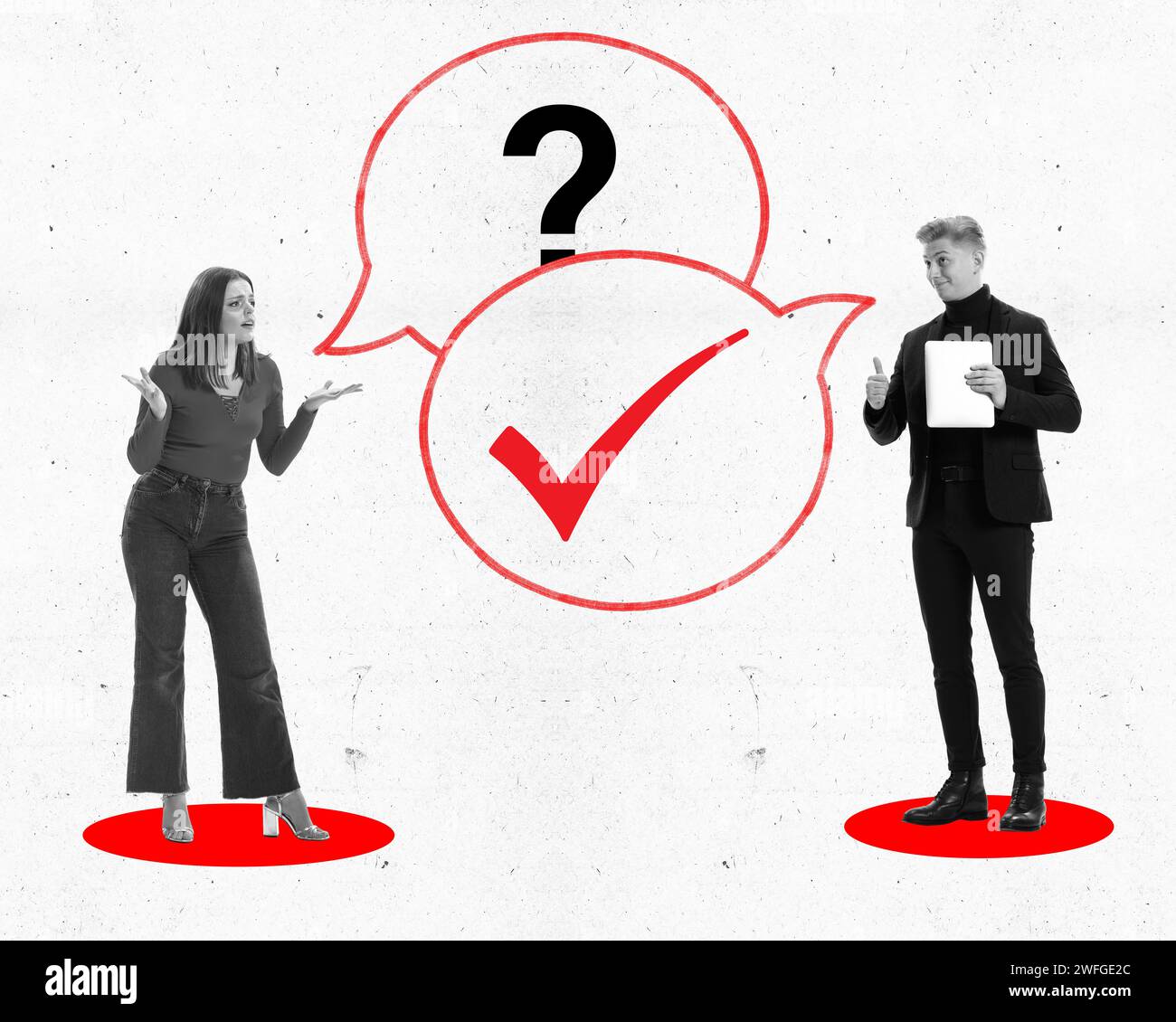 Modern aesthetic artwork. Girl, consumer asks questions to customer service manager, assistance ...