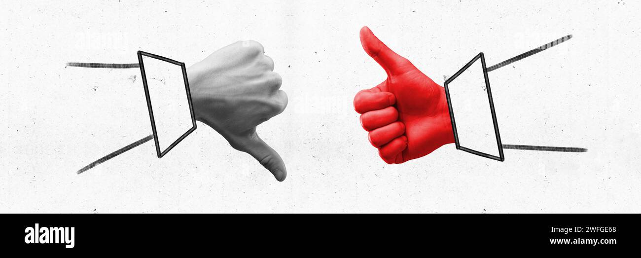 Contemporary art collage. Two hands show like, thumbs up and dislike ...