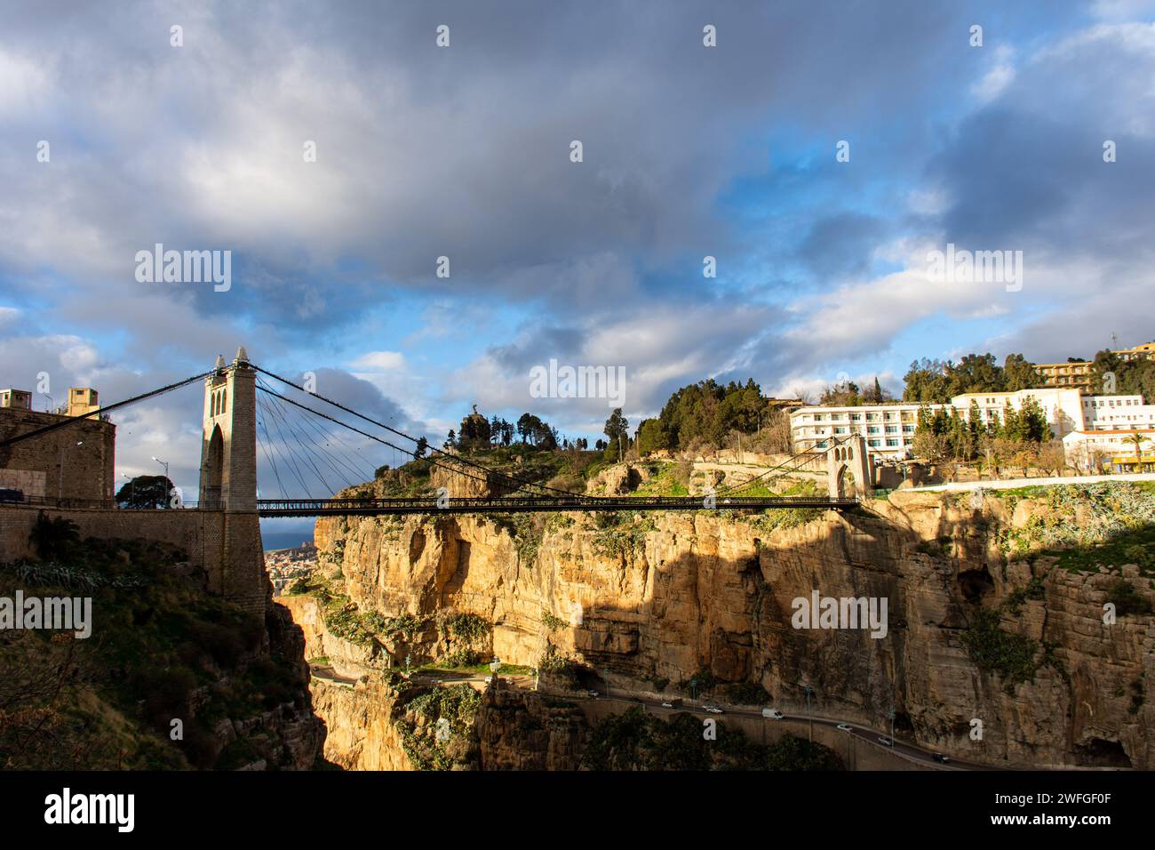 Low-angle view of Sidi M'Cid Bridge the suspension bridge in ...