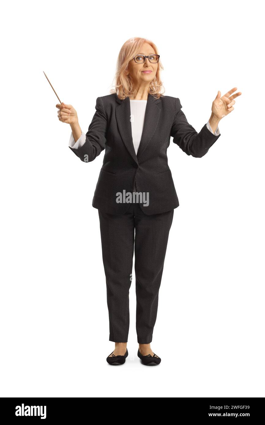 Full length portrait of a woman conducting an orchestra isolated on ...