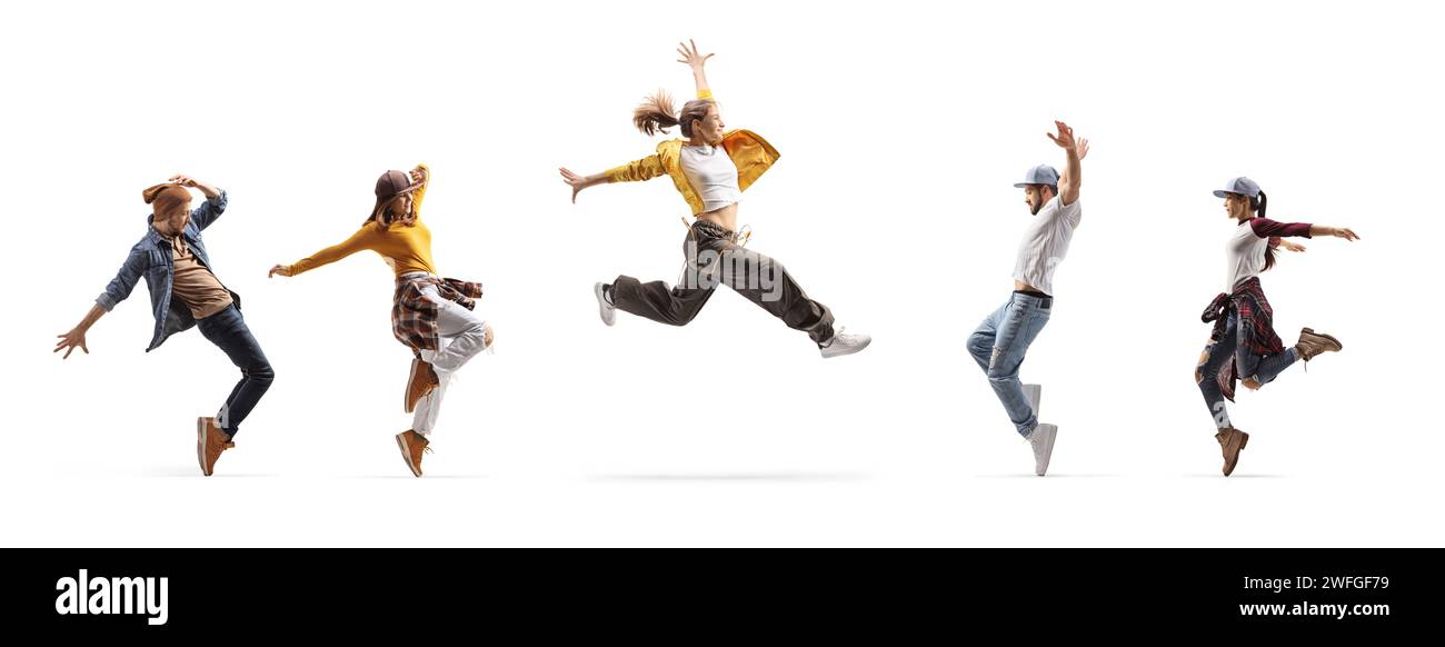 Group of casual young people dancing isolated on white background Stock ...