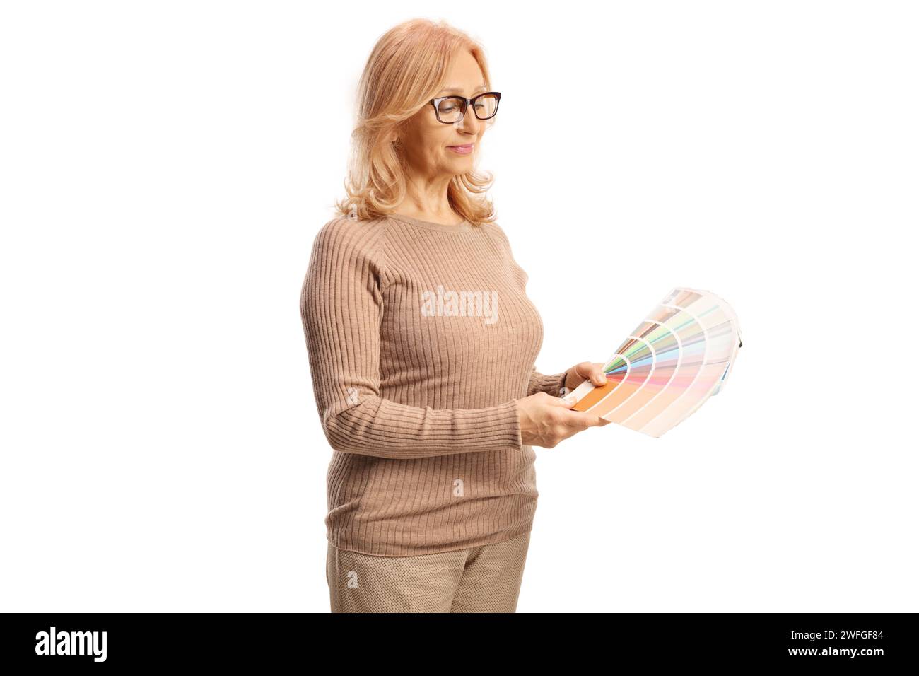 Woman looking at a color palette isolated on white background Stock ...