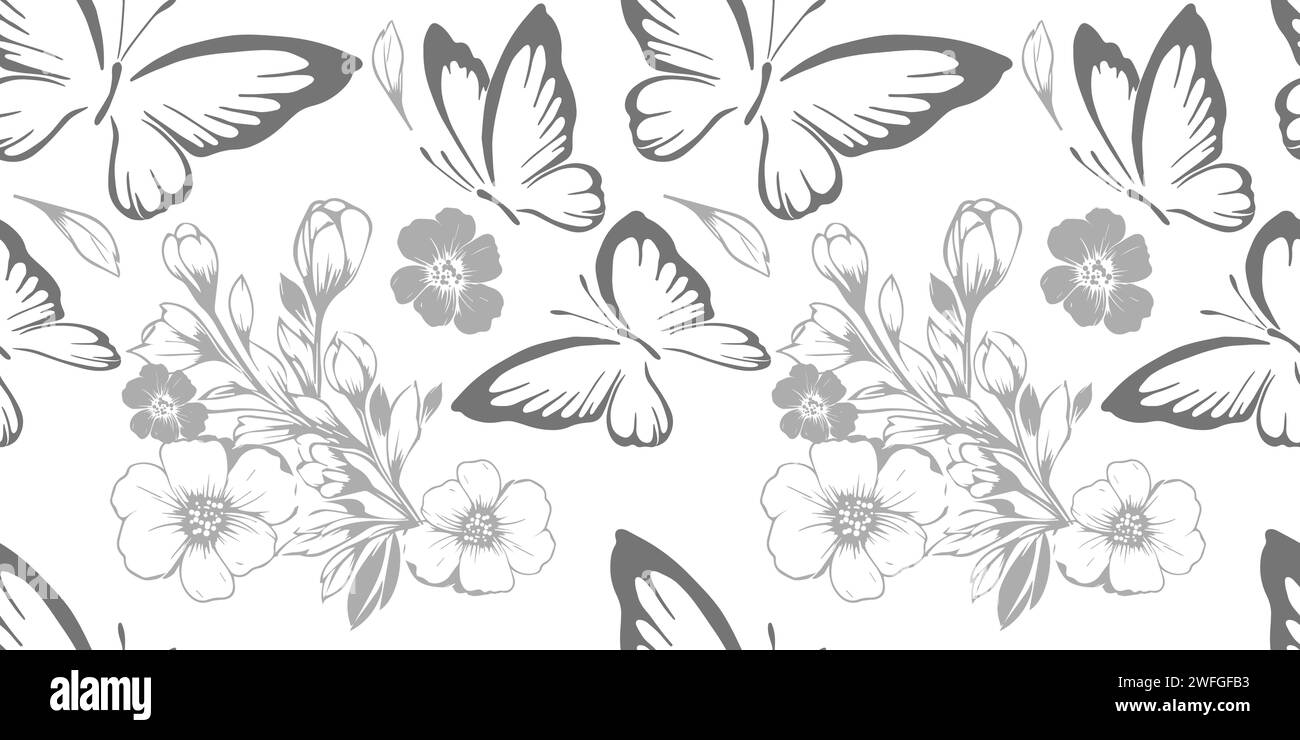 A seamless background with grey butterflies and flowers. hand drawing ...