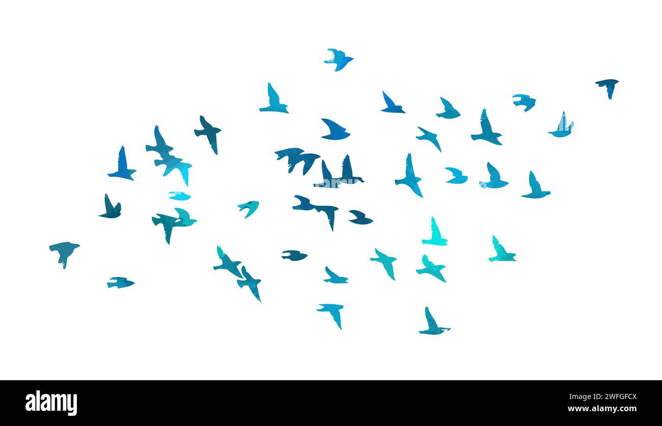 A flock of blue watercolor flying birds. Free birds abstraction. hand ...