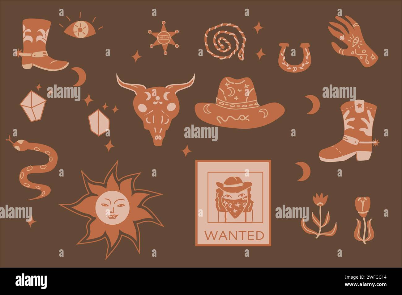 Hand drawn boho western design elements. Vector illustration on brown ...