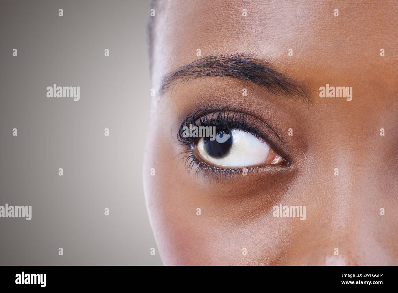 Half, face and eye of woman with vision for contact lenses and ...