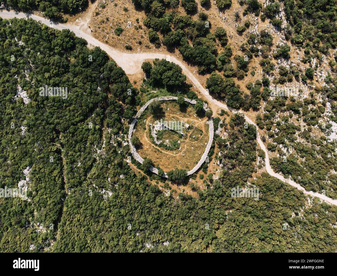 Circular cemetery historic landmark in Ledenice village aerial view ...