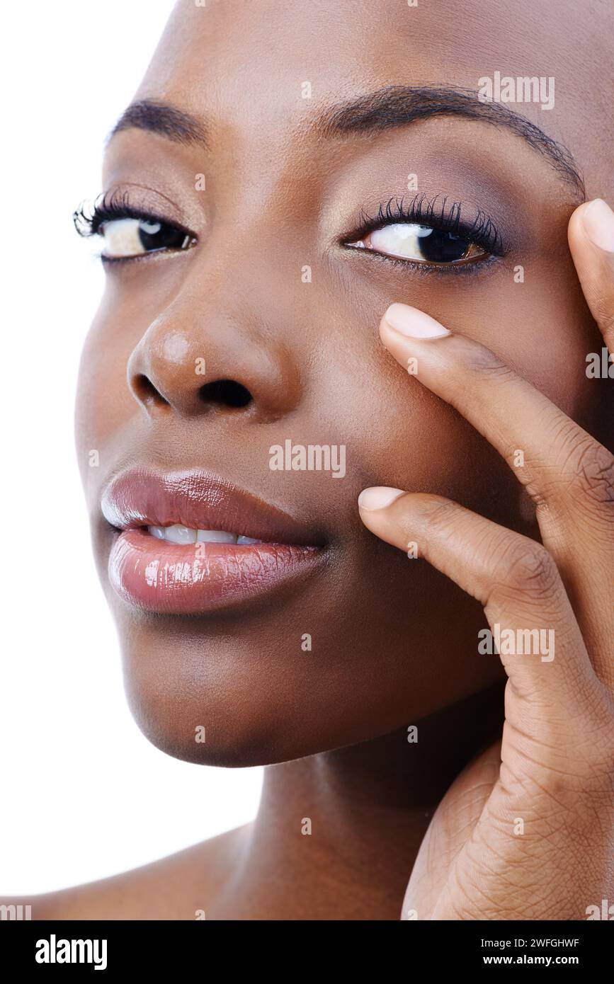 Skincare, beauty and portrait of black woman on a white background for ...