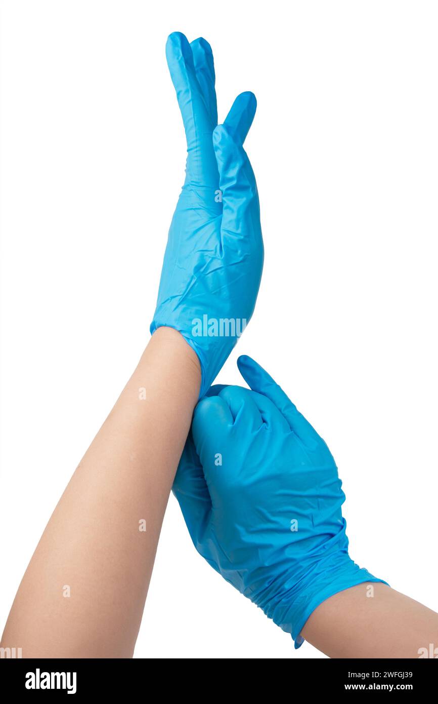 Doctor wearing blue nitrile gloves isolated on white background Stock ...