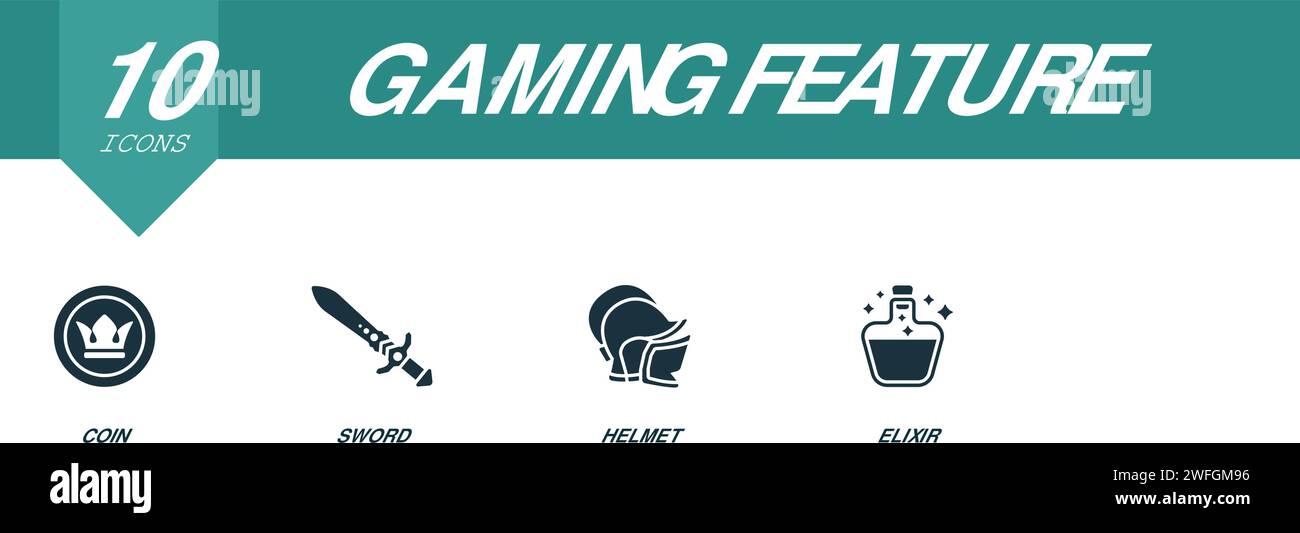 Gaming feature icon set. Coin, sword, helmet, elixir, magician, elf ...