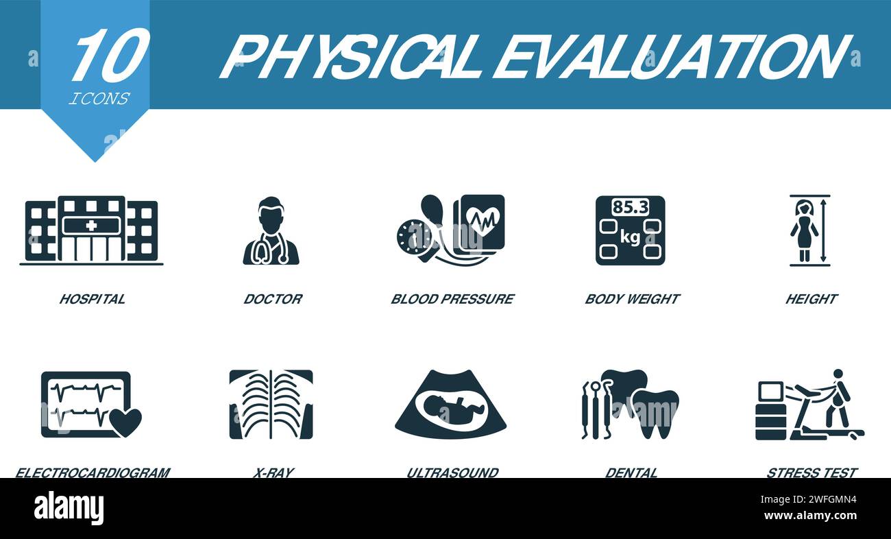 Physical evaluation icons set. Creative icons: hospital, doctor, blood ...