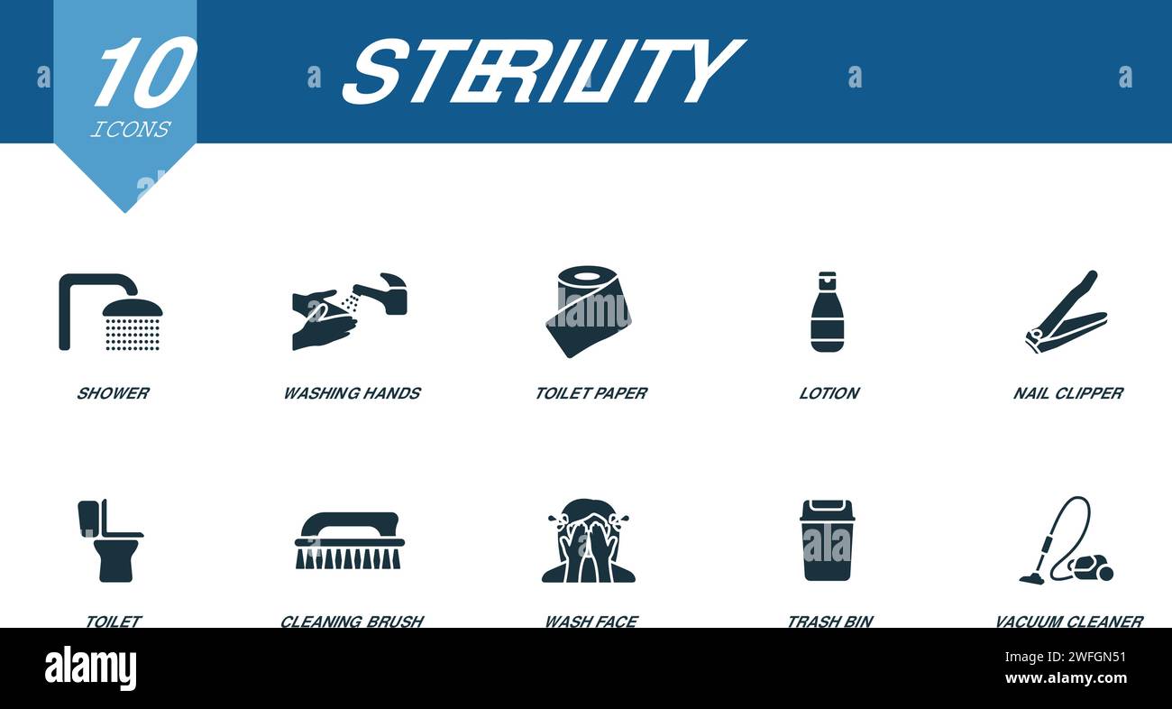 Sterility icons set. Creative icons: shower, washing hands, toilet ...