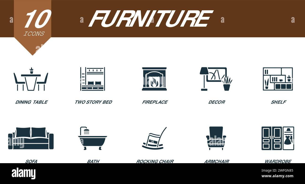 Furniture icons set. Creative icons: dining table, two story bed ...