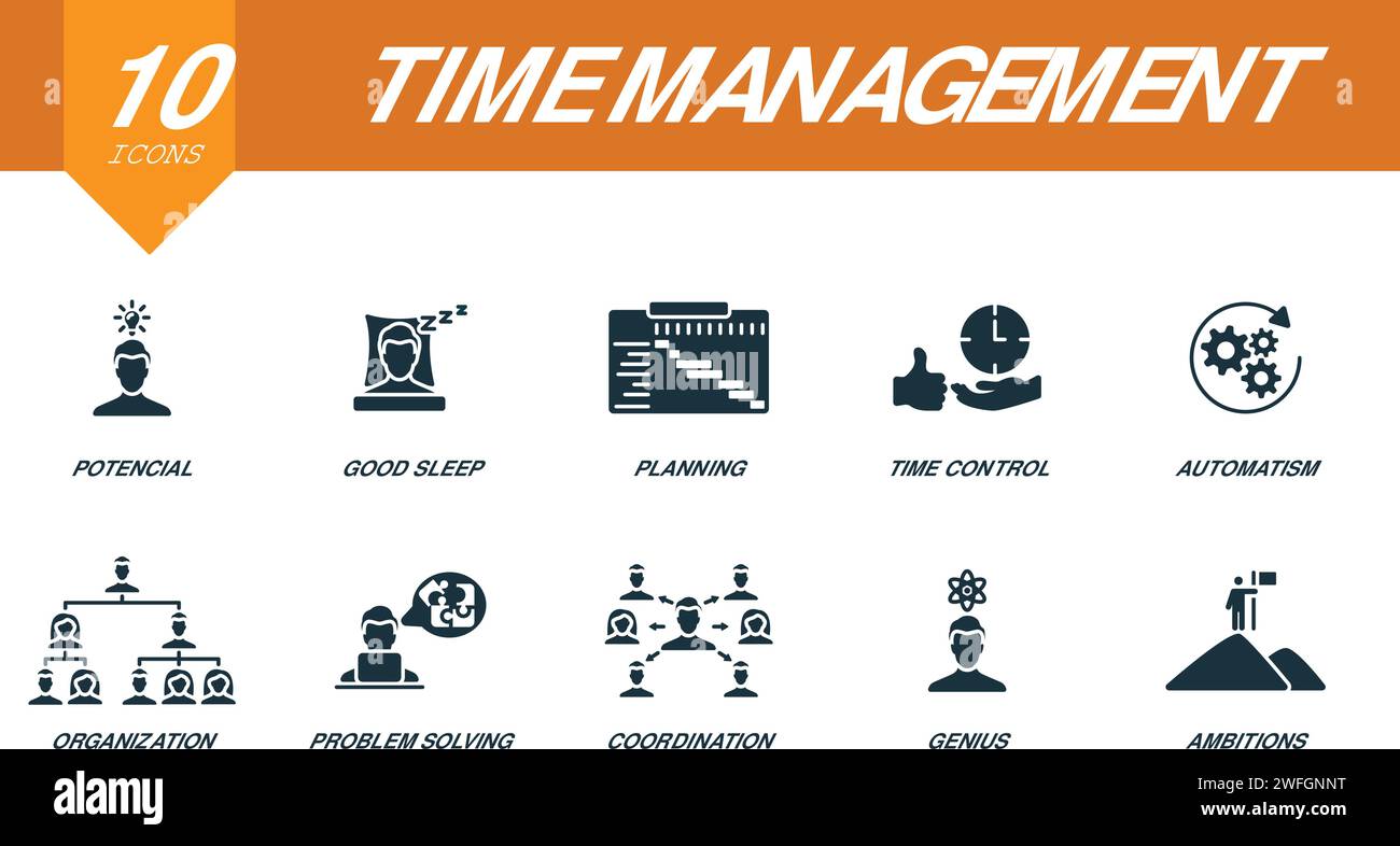 Time management icons set. Creative icons: potential, good sleep ...