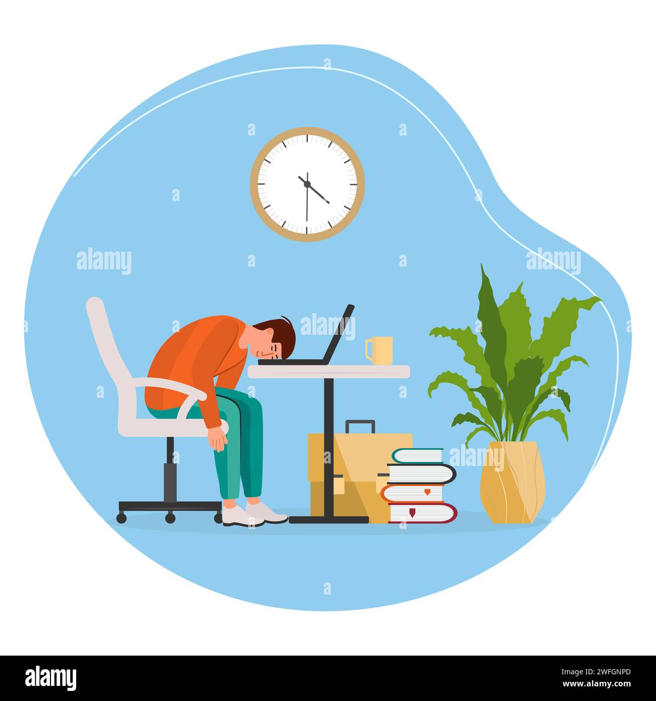 Tired man sitting on chair with her head on the table. Concept of emotional burnout Stress ...