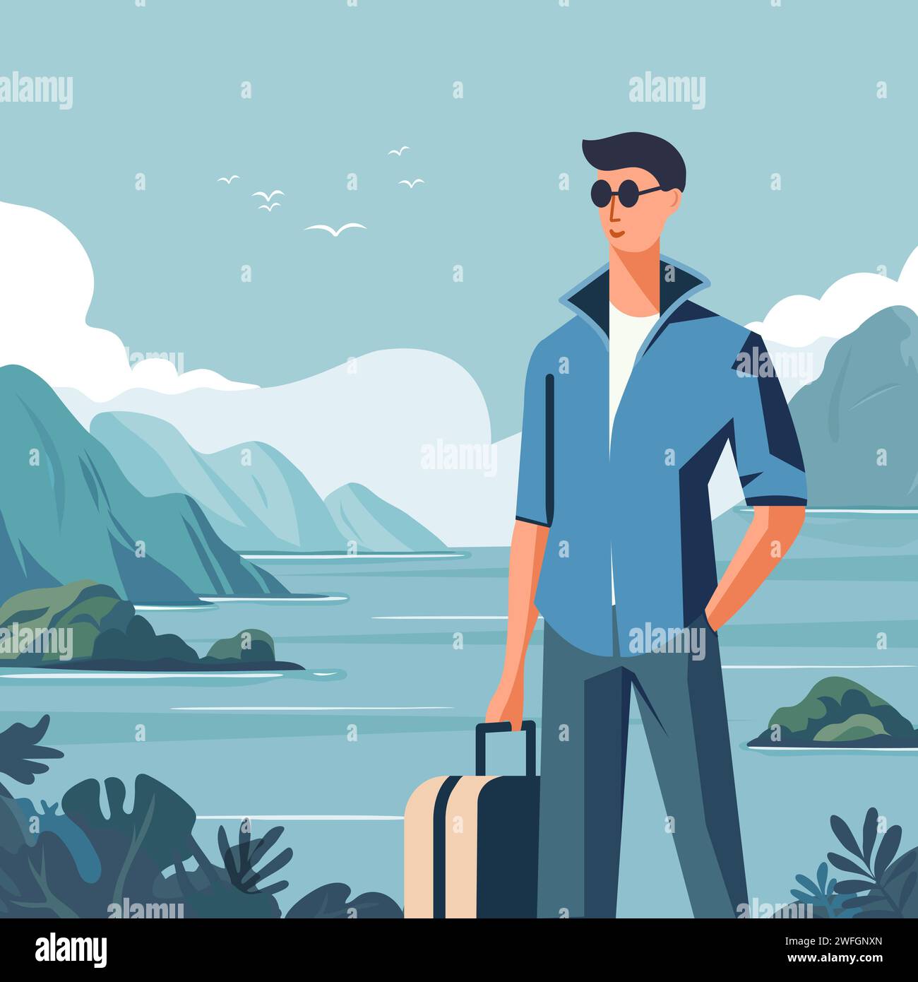 Vector illustration Man with suitcase Sea view Travel concept Holiday ...