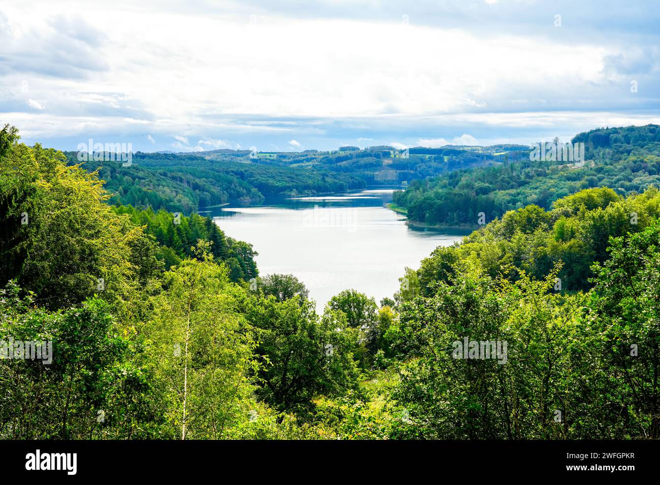 View of the Wiehltalsperre and the surrounding green nature. Idyllic ...