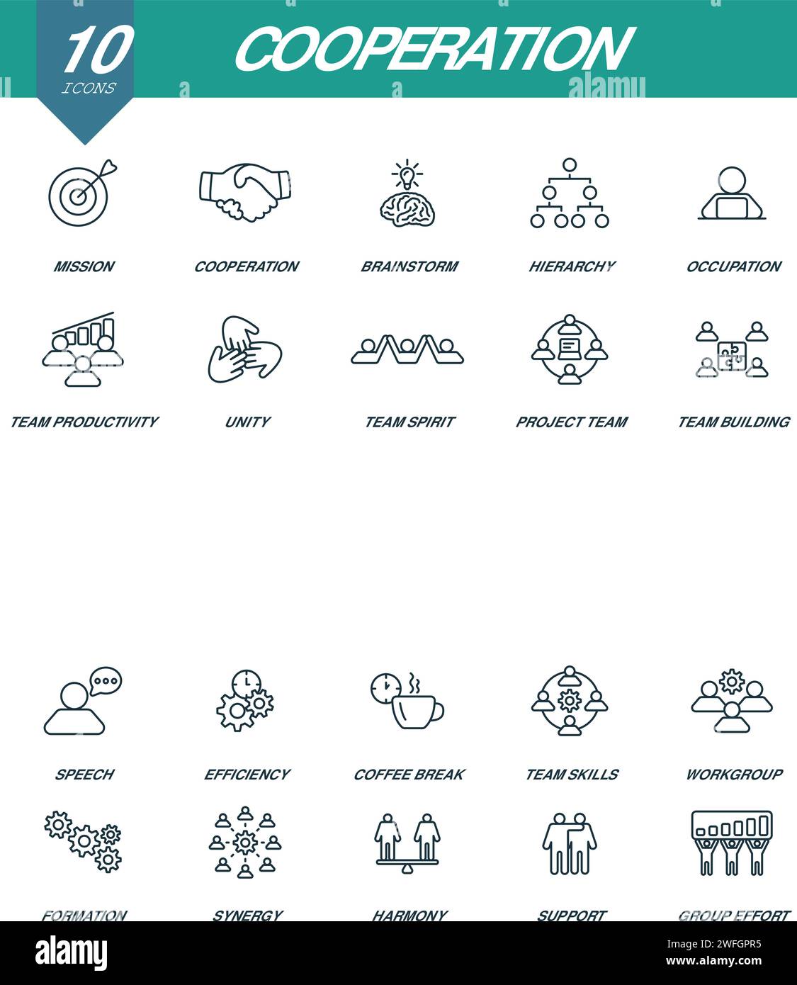 Cooperation outline icons set. Creative icons: mission, cooperation ...