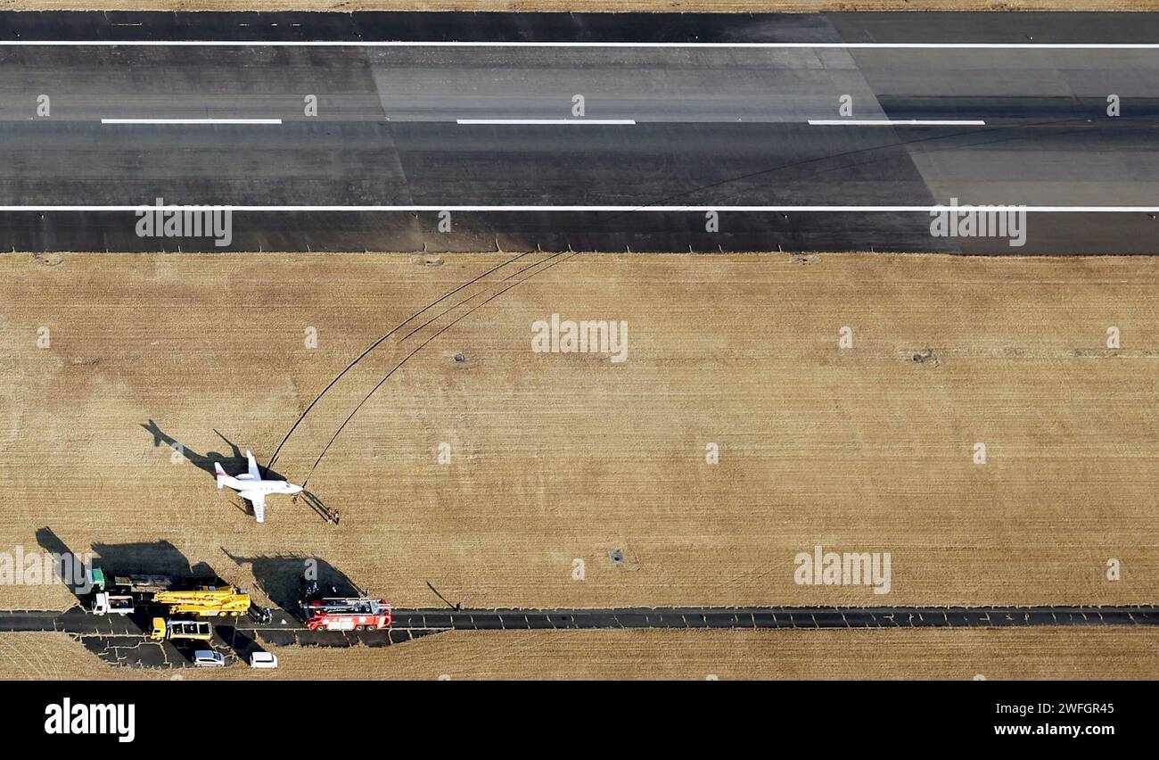 Photo taken from a Kyodo News helicopter on Jan. 28, 2024, shows a ...