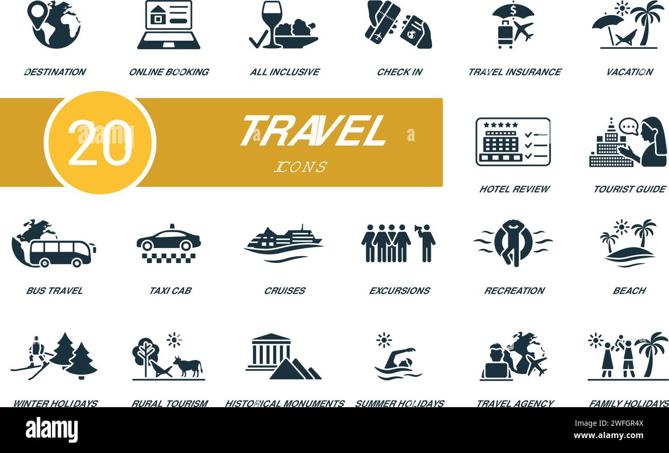 Travel icons set. Creative icons: destination, online booking, all ...