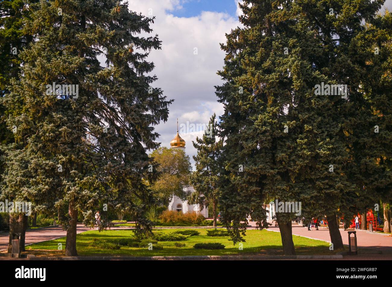 The church is in the distance between the big trees Stock Photo - Alamy
