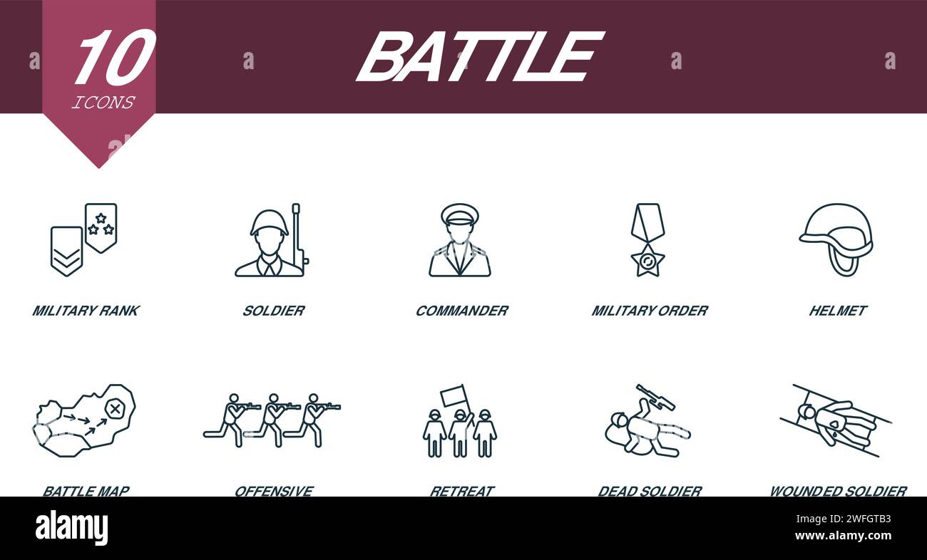 Battle outline icons set. Creative icons: military rank, soldier ...
