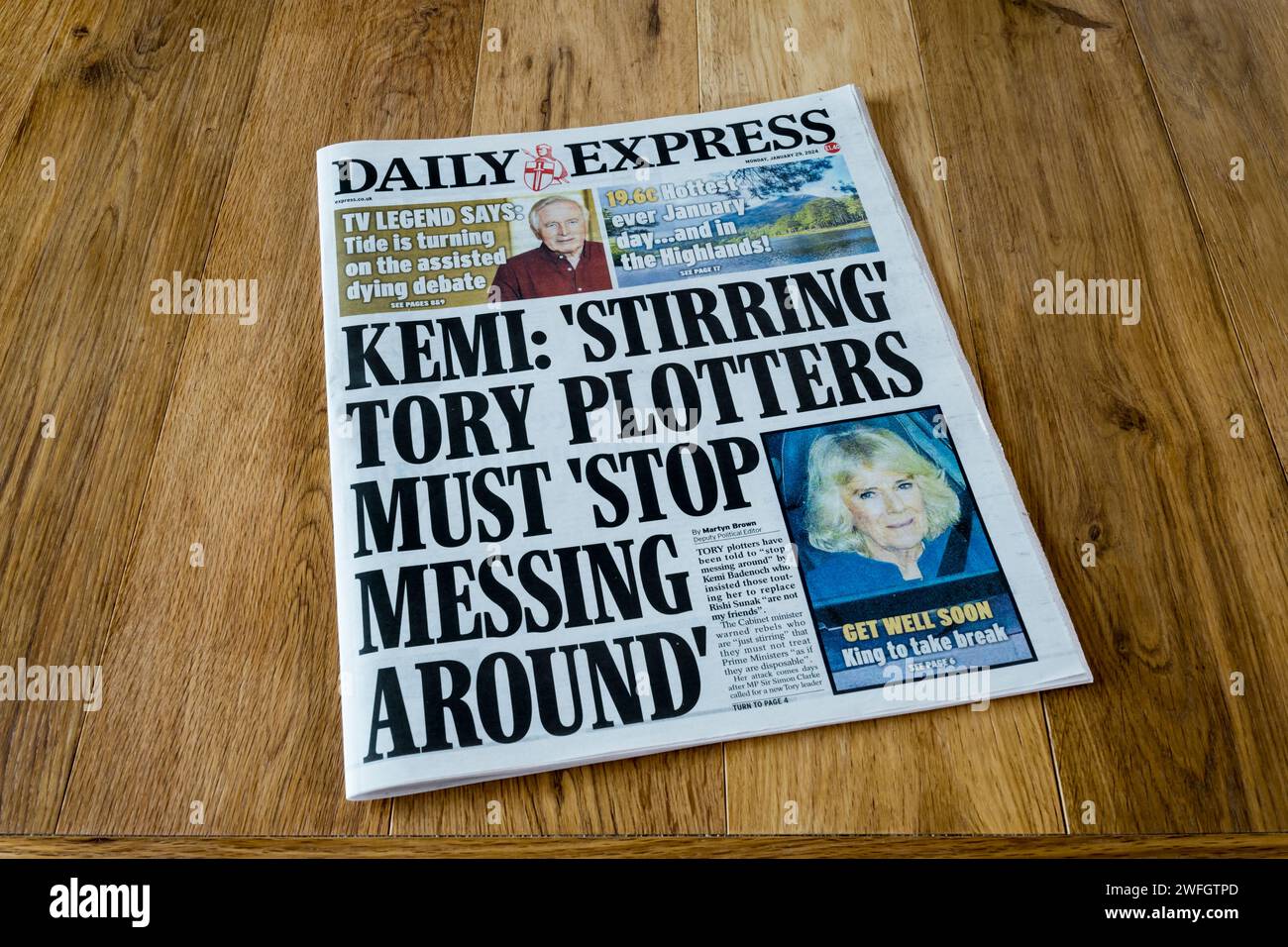 29 January 2024. Daily Express headline reads Kemi: 'Stirring' Tory ...