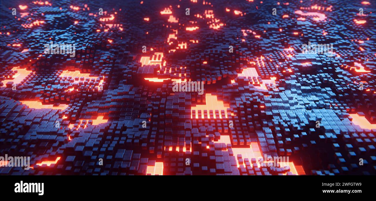 Sci-fi block chain tech background with red neon particles Stock Photo ...