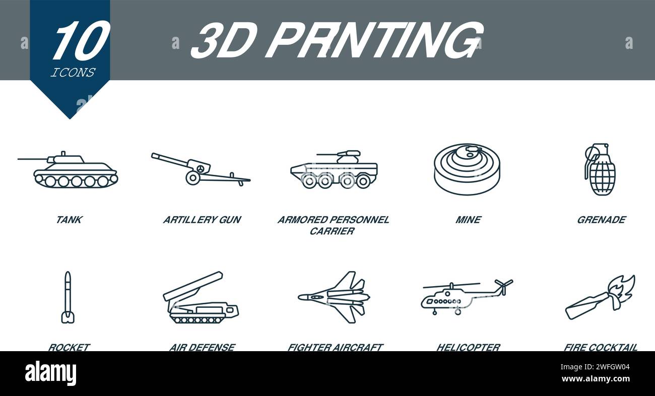 3d printing outline icons set. Creative icons: tank, artillery gun ...