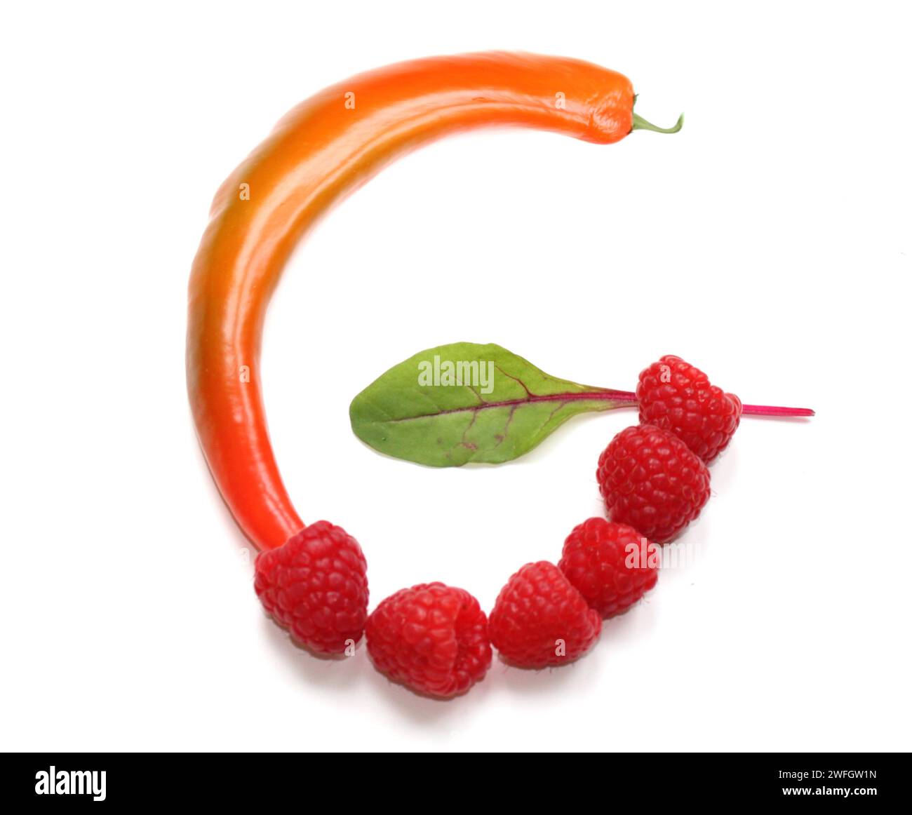 Letter G from green salad, raspberry, chili peppers alphabetic ABC ...