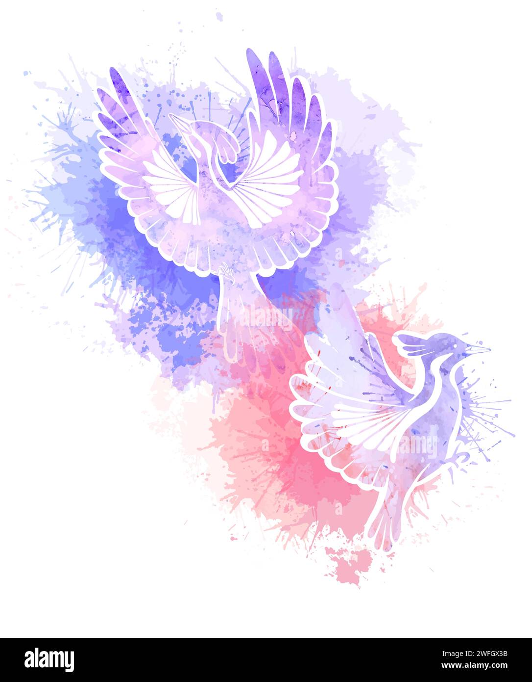 Vector illustration of couple of stylized birds with watercolor ...