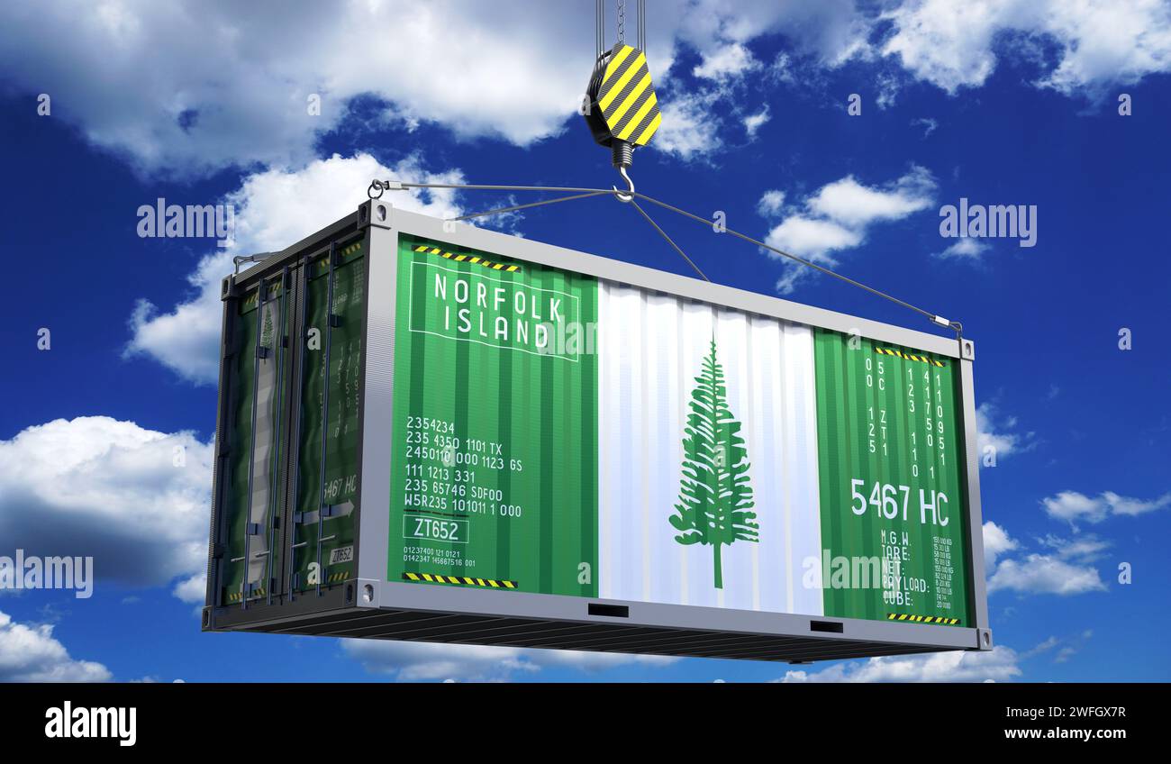 Freight shipping container with national flag of Norfolk Island hanging ...