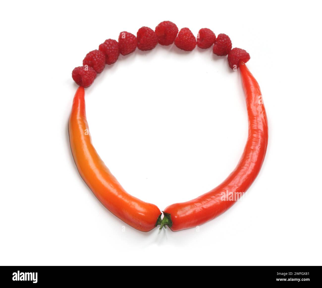 Letter O, number 0, circle frame from raspberry, red orange chili ...