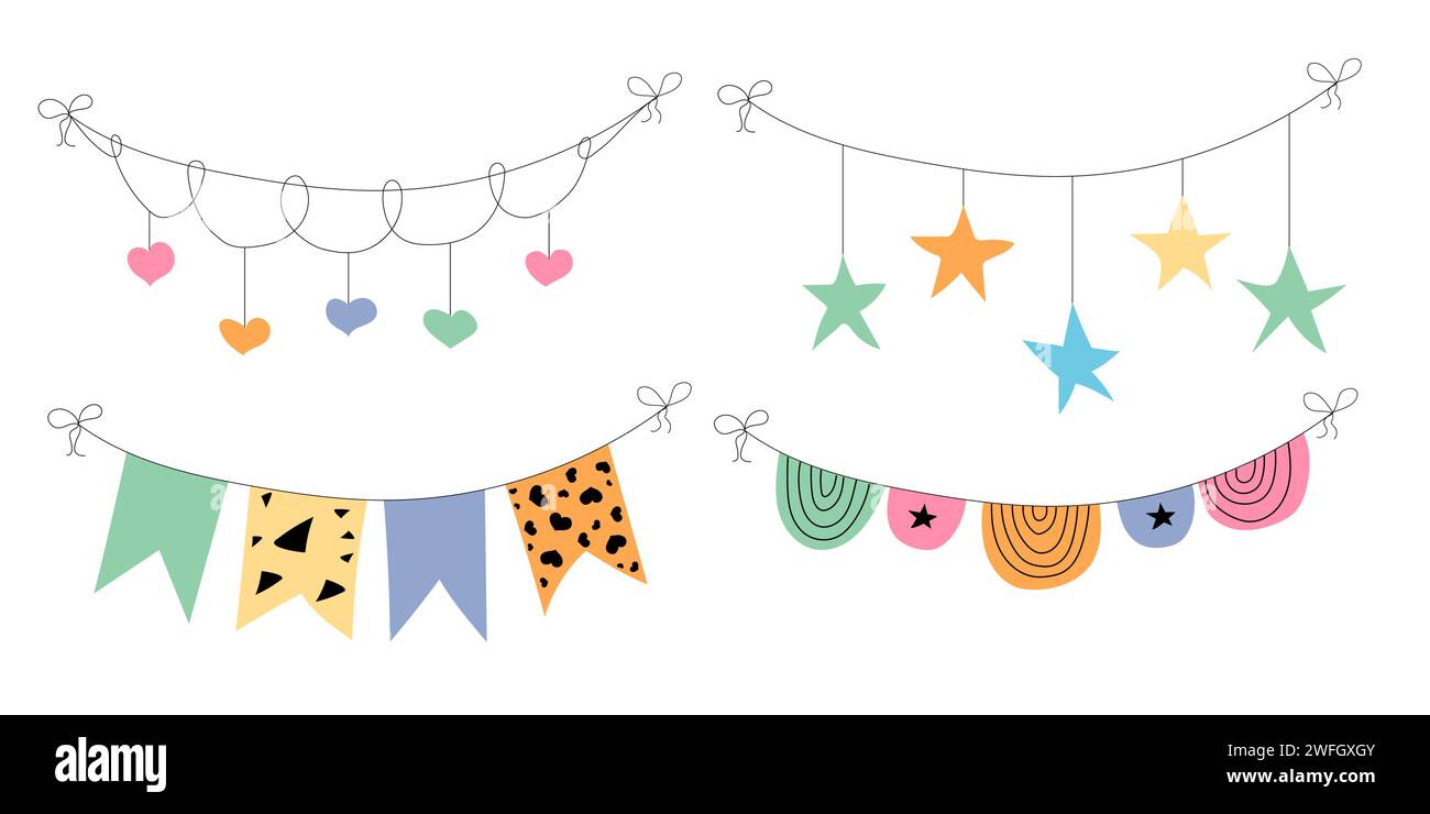 Flag garland bunting heart, star birthday party flat set. Anniversary ...