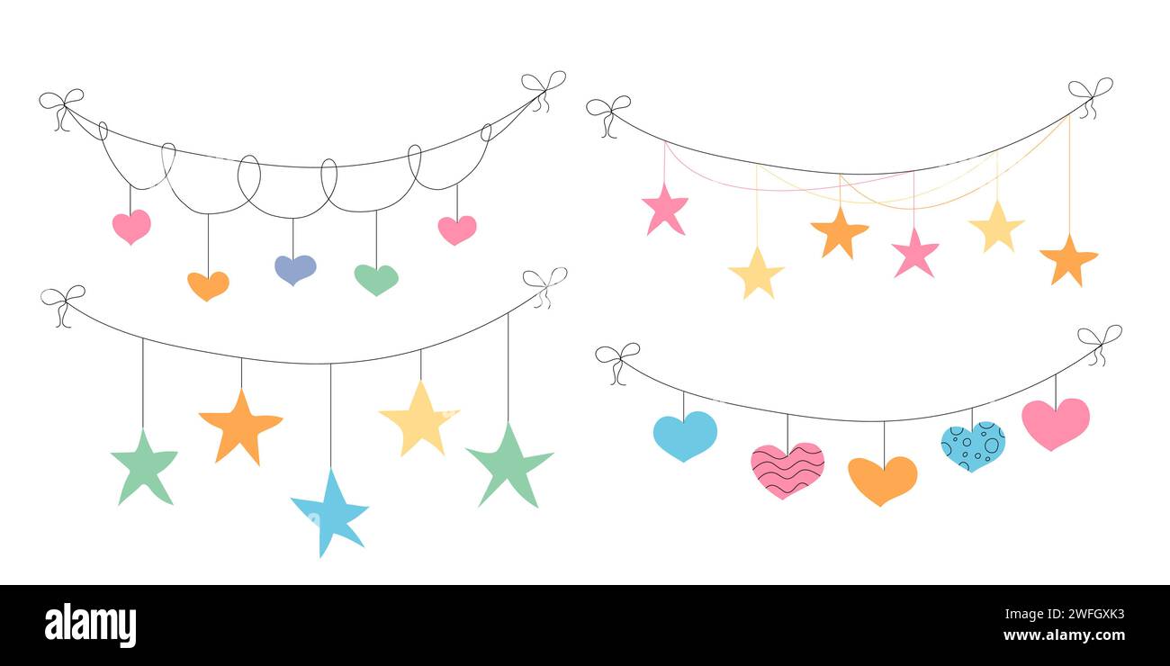 Flag garland bunting heart, star birthday party flat set. Anniversary ...