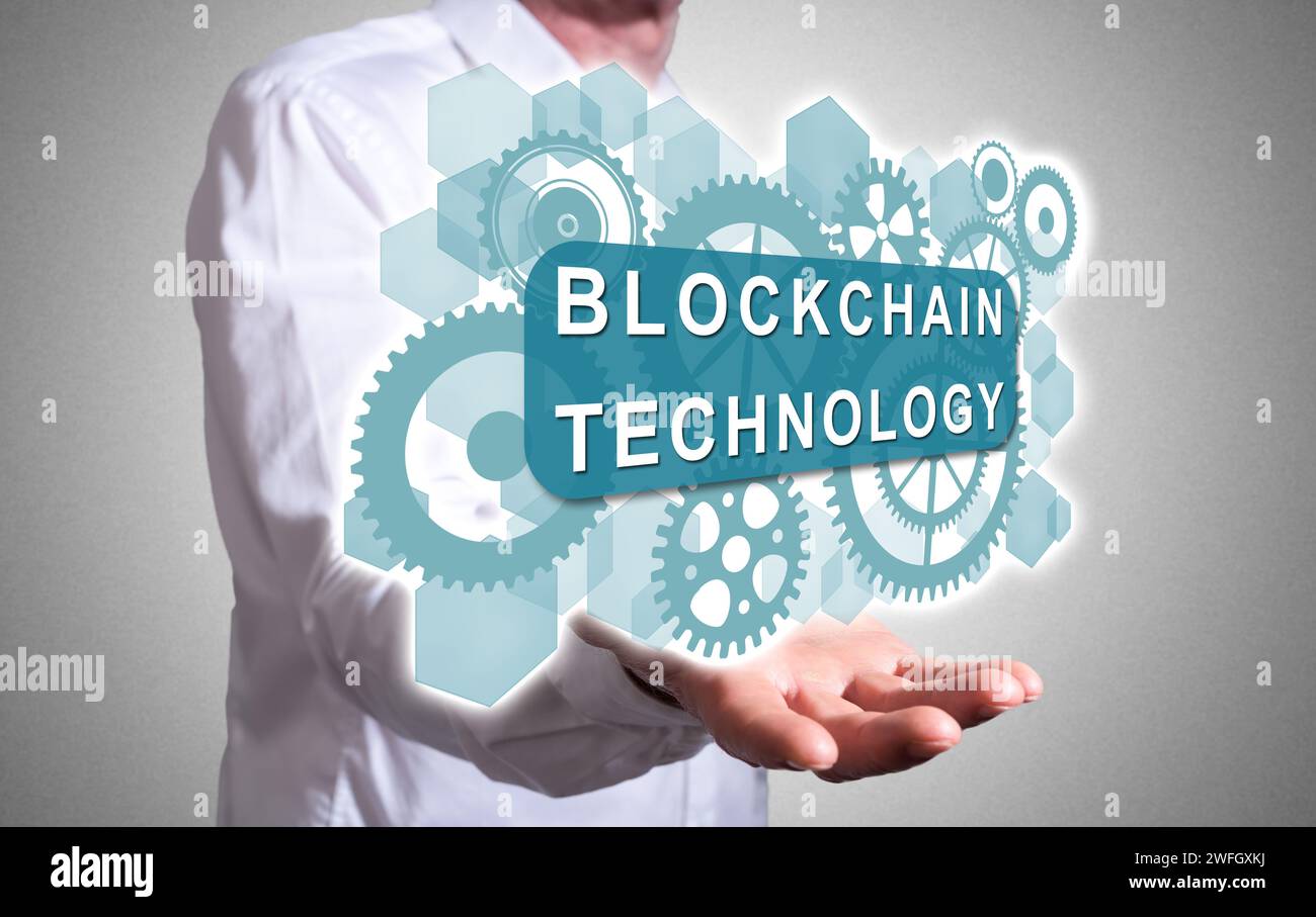 Blockchain technology concept levitating above a human hand Stock Photo ...