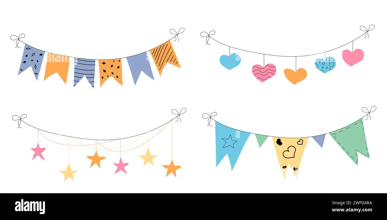 Flag garland bunting heart, star birthday party flat set. Anniversary ...