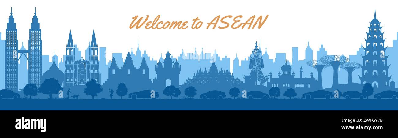 ASEAN famous landmarks by silhouette style,vector illustration Stock ...