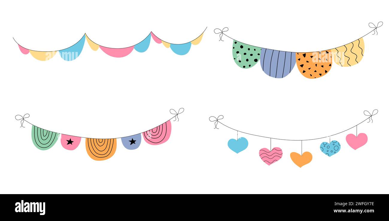 Flag garland bunting heart, star birthday party flat set. Anniversary ...