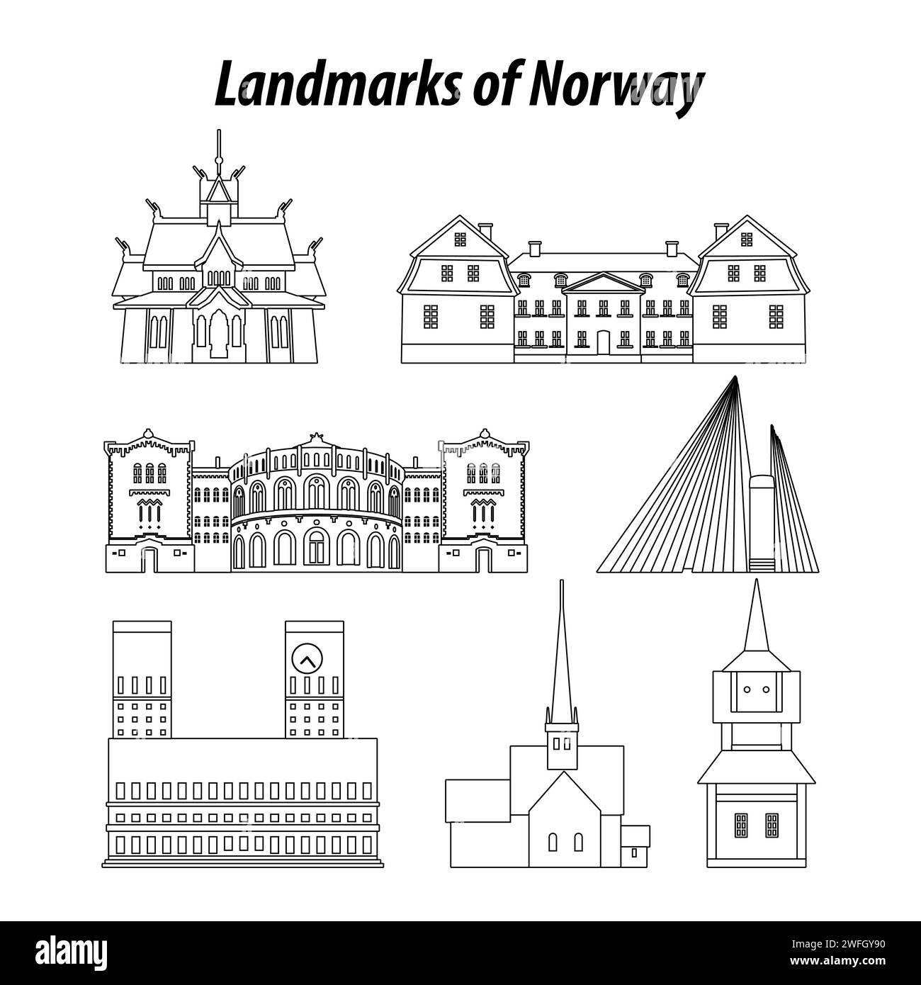 set of Norway famous landmarks by silhouette outline style,vector ...