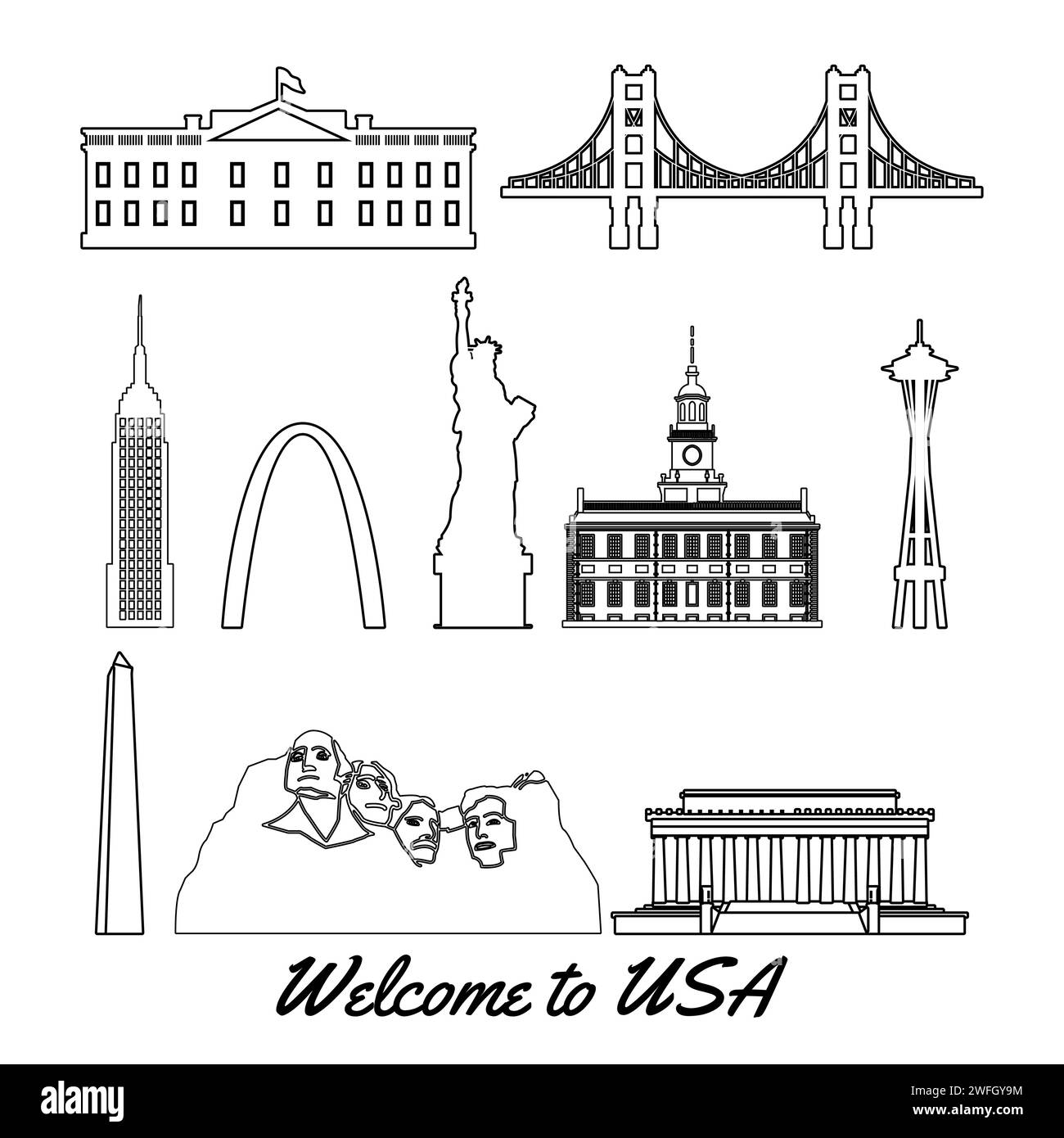 set of usa famous landmarks by silhouette outline style,vector ...