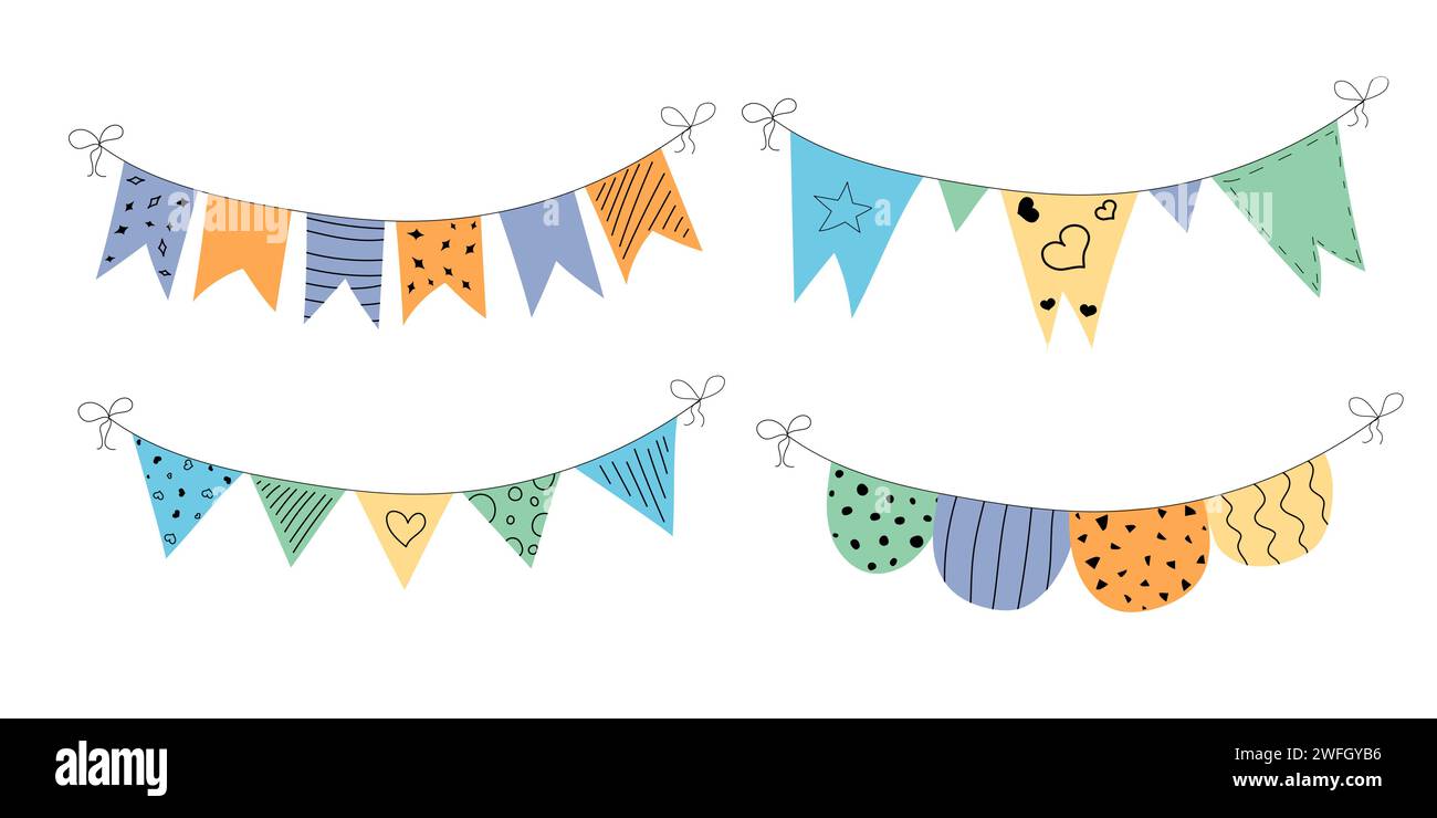 Flag garland bunting heart, star birthday party flat set. Anniversary ...