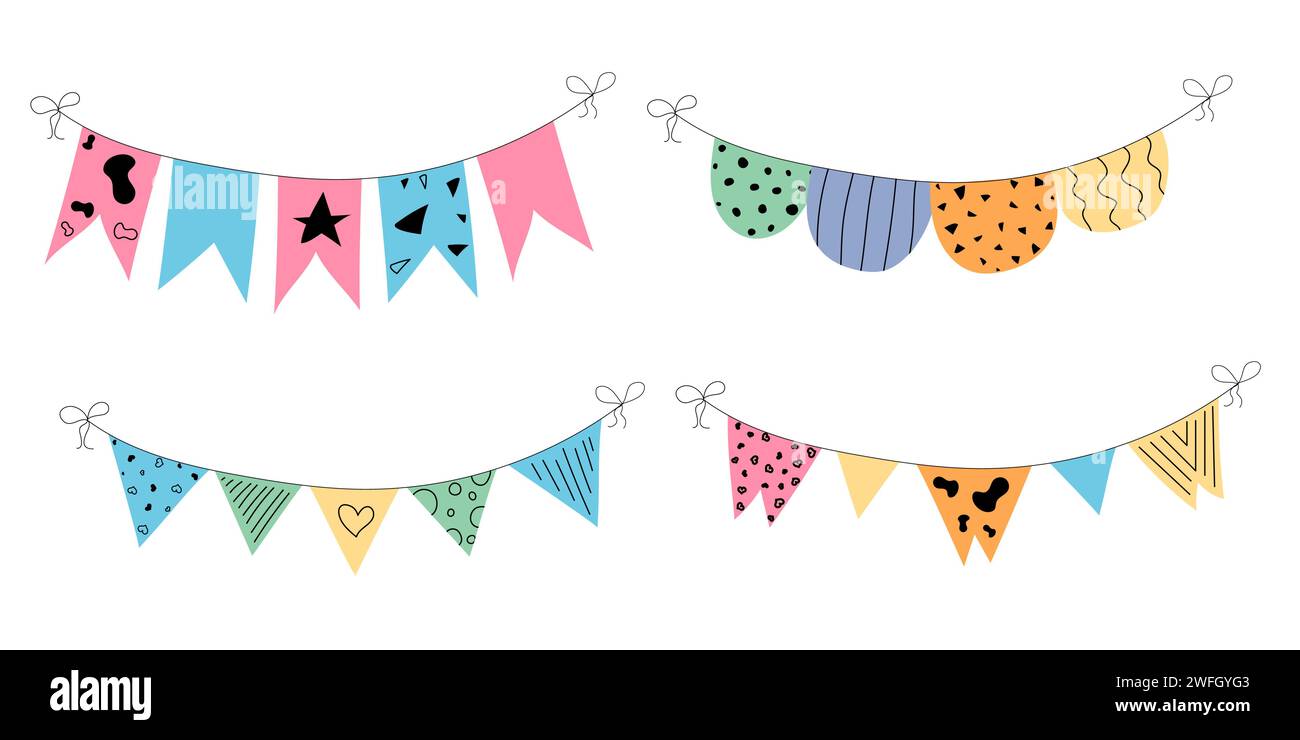 Flag garland bunting heart, star birthday party flat set. Anniversary ...