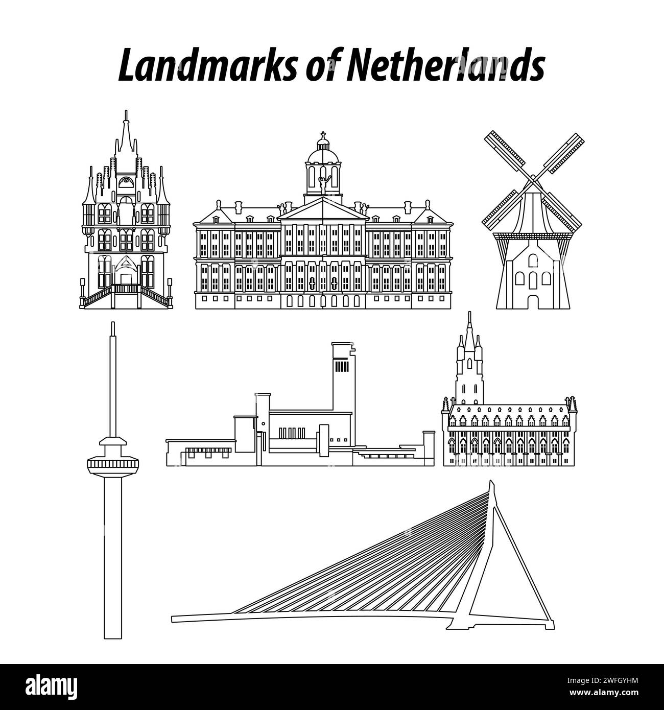 set of Netherlands famous landmarks by silhouette outline style,vector illustration Stock Vector ...