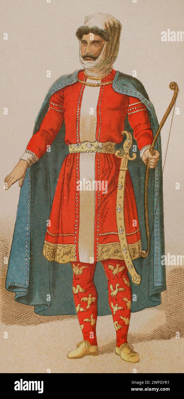 History of Italy. 1300. King wearing battle-dress. Chromolithography ...