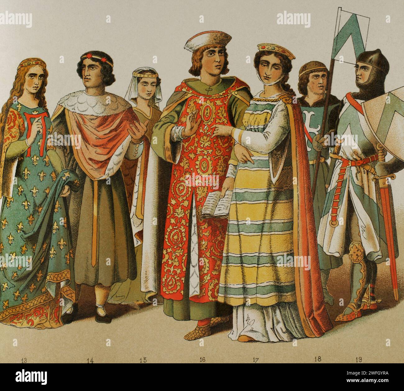 History of France. 1200. From left to right, 13: noblewoman, 14 ...