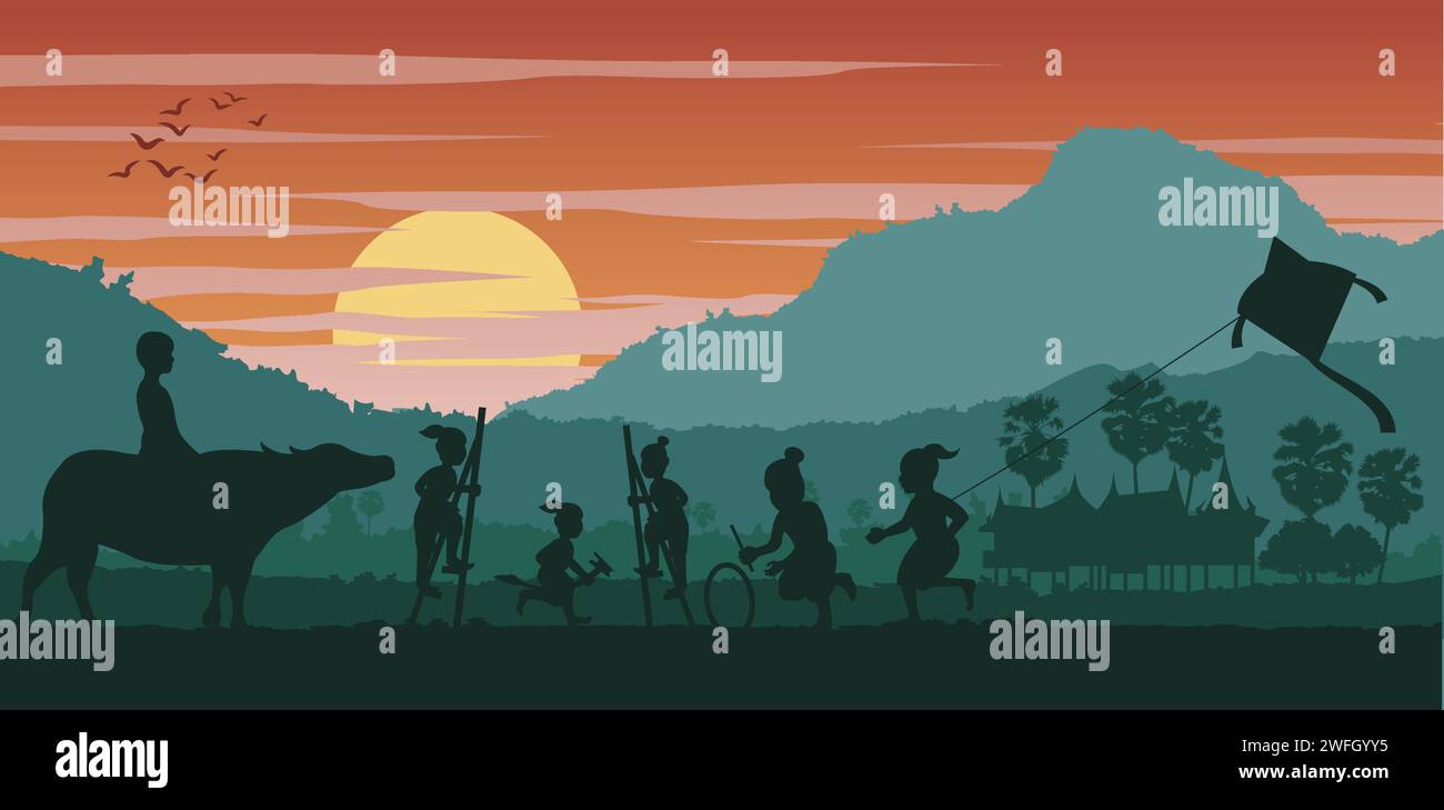 Silhouette scenery of country play of childrenof asean,vector ...