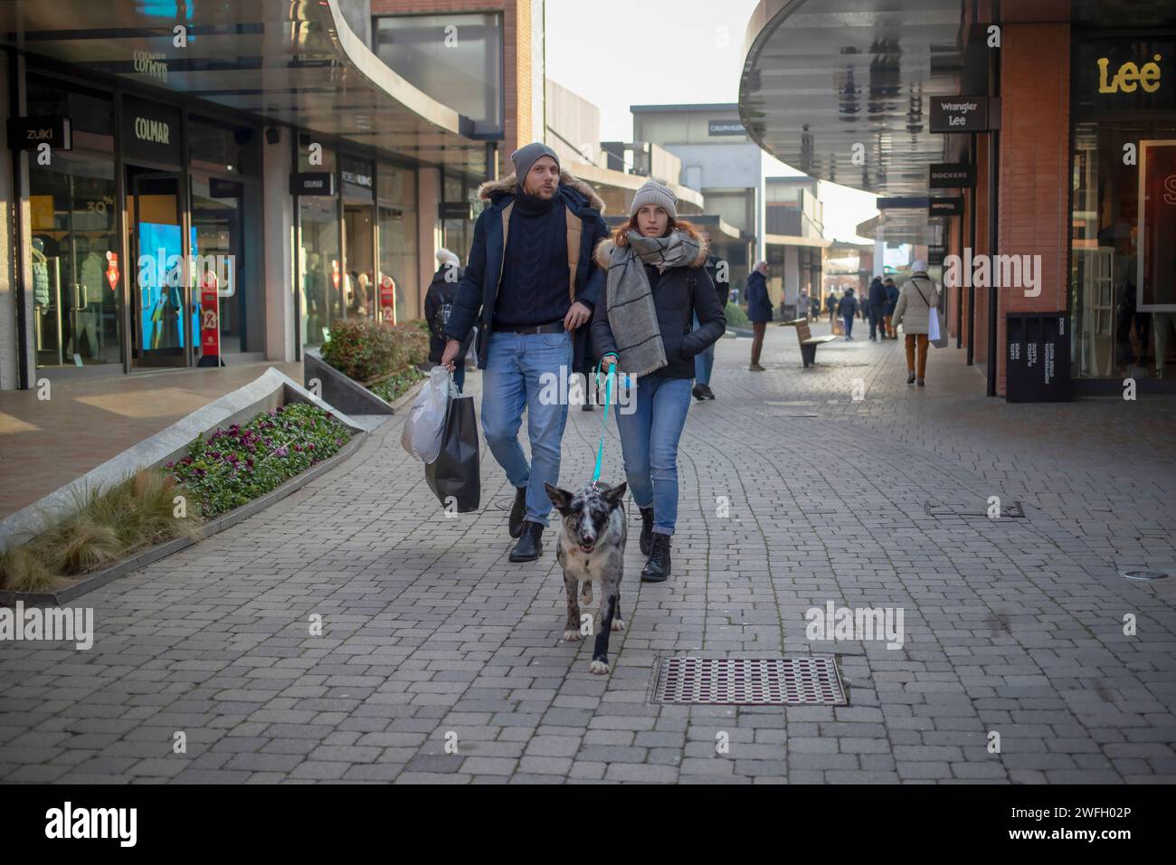 Novara, Italy, Jan 16, 2024: Couple with a dog strolling along ...