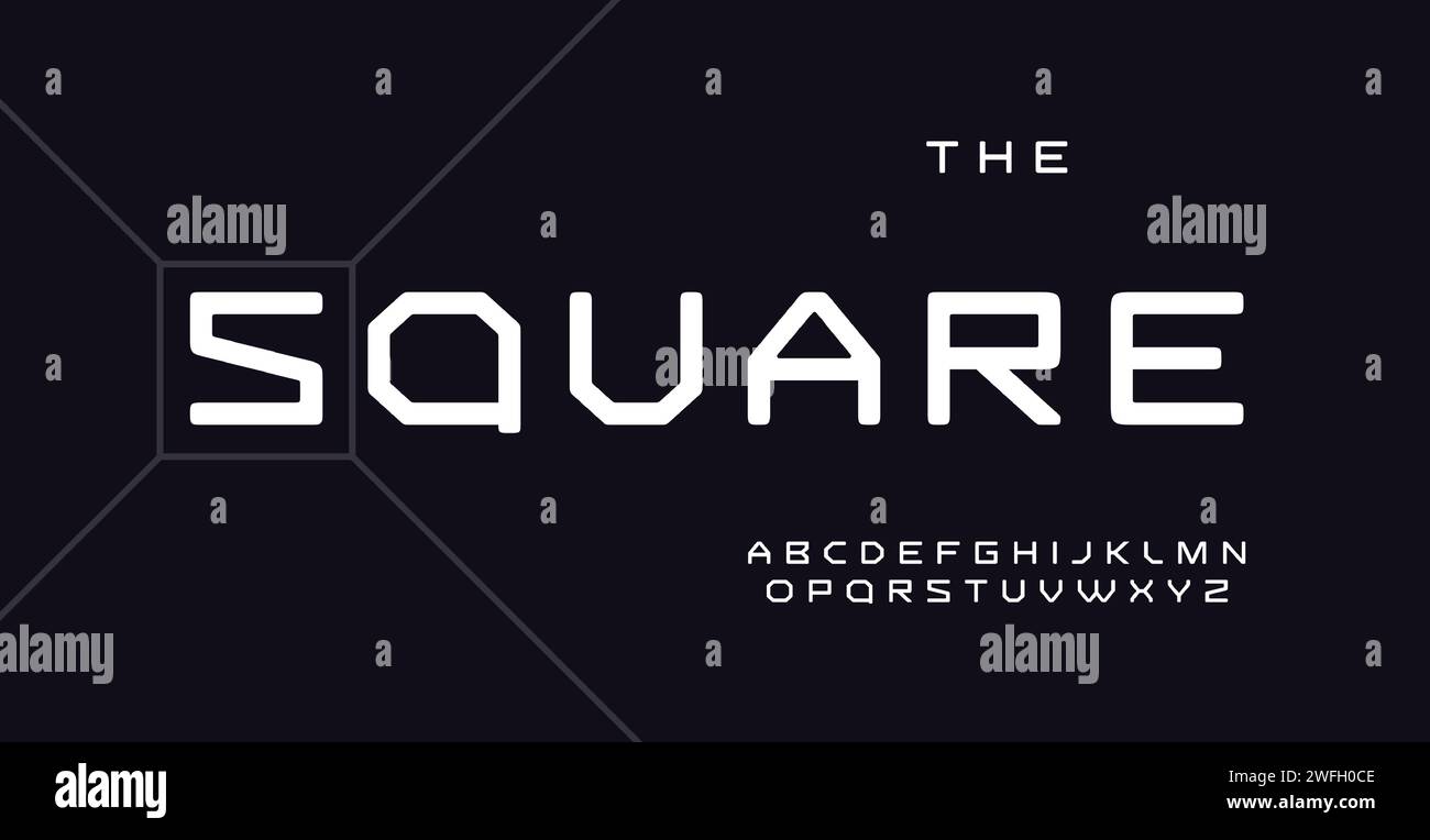 Square alphabet, bold block letters, simple cubic font for modern tech ...